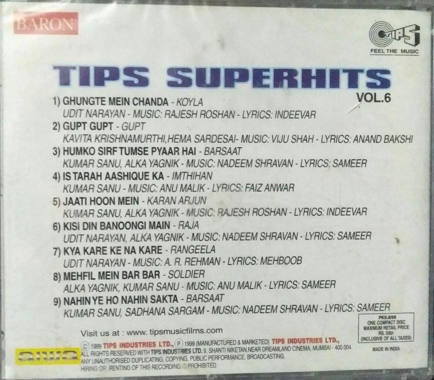 Tips Superhits Vol 6 Hindi Film hits Audio CD - MOSSYMART