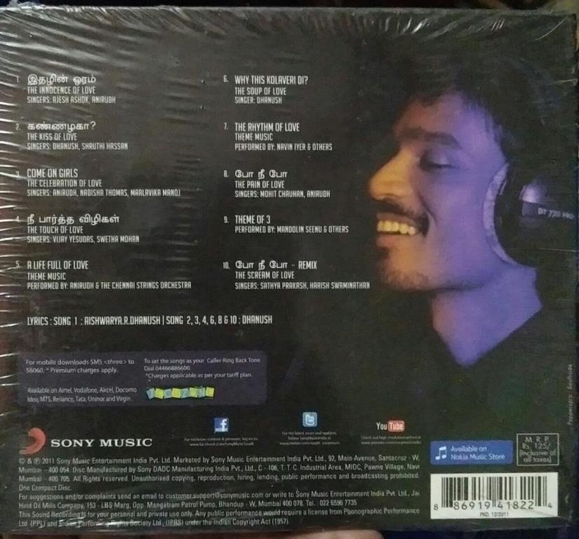 3 Tamil Film Audio CD by Anirudh - MOSSYMART