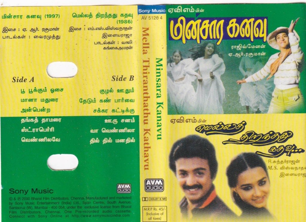 Minsara Kanavu -Mella thiranthathu kathavu Tamil Film Audio Cassette by ...