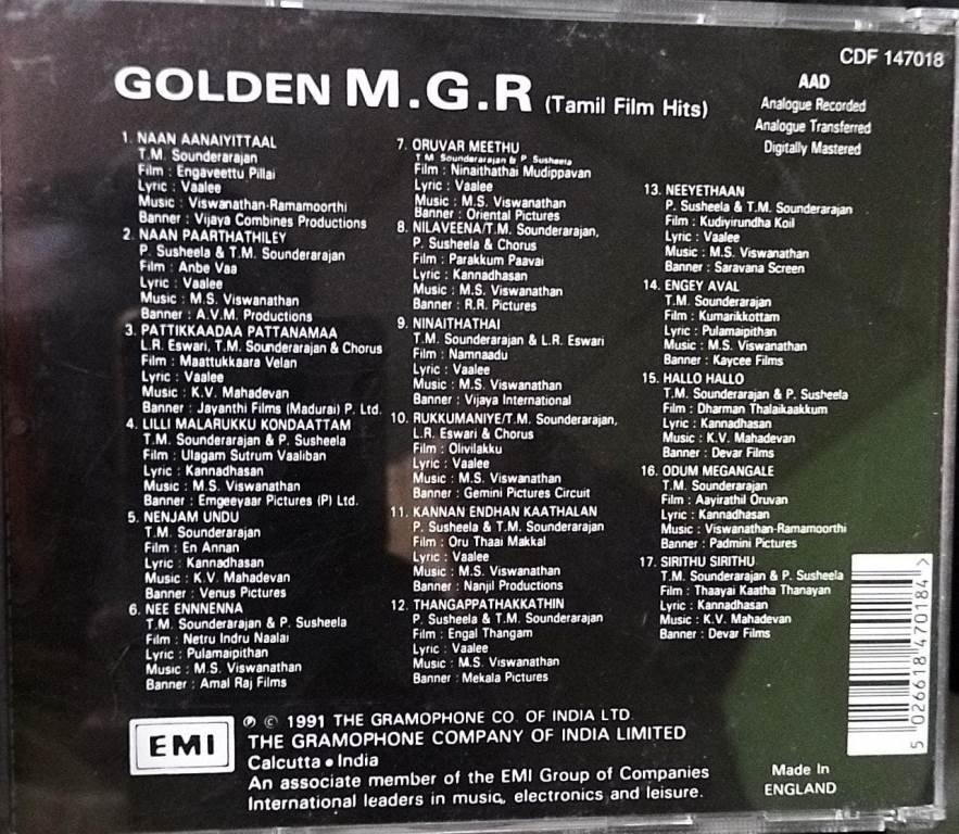 Golden MGR Tamil Films hits Audio CD - MOSSYMART