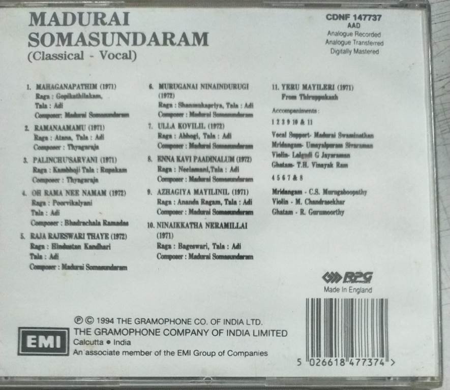 Classical Vocal Audio CD by Madurai Somasundaram - MOSSYMART