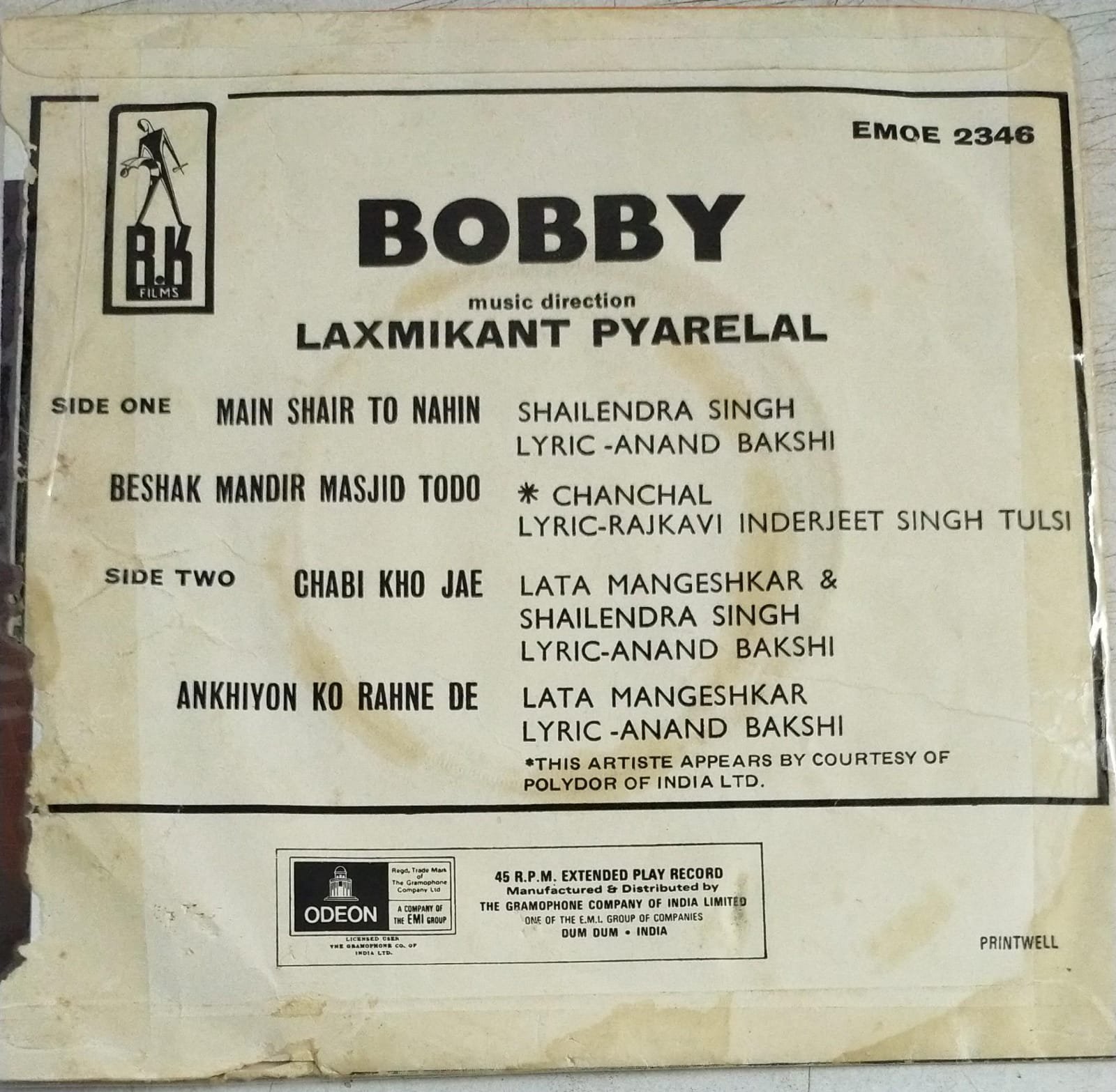 Bobby Hindi Film EP Vinyl Record - MOSSYMART